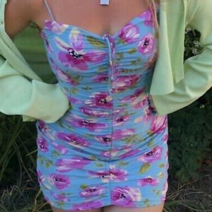 Zara | Dresses | Nwt Zara Ruched Blue Pink Floral Ruched Mini Dress M ...